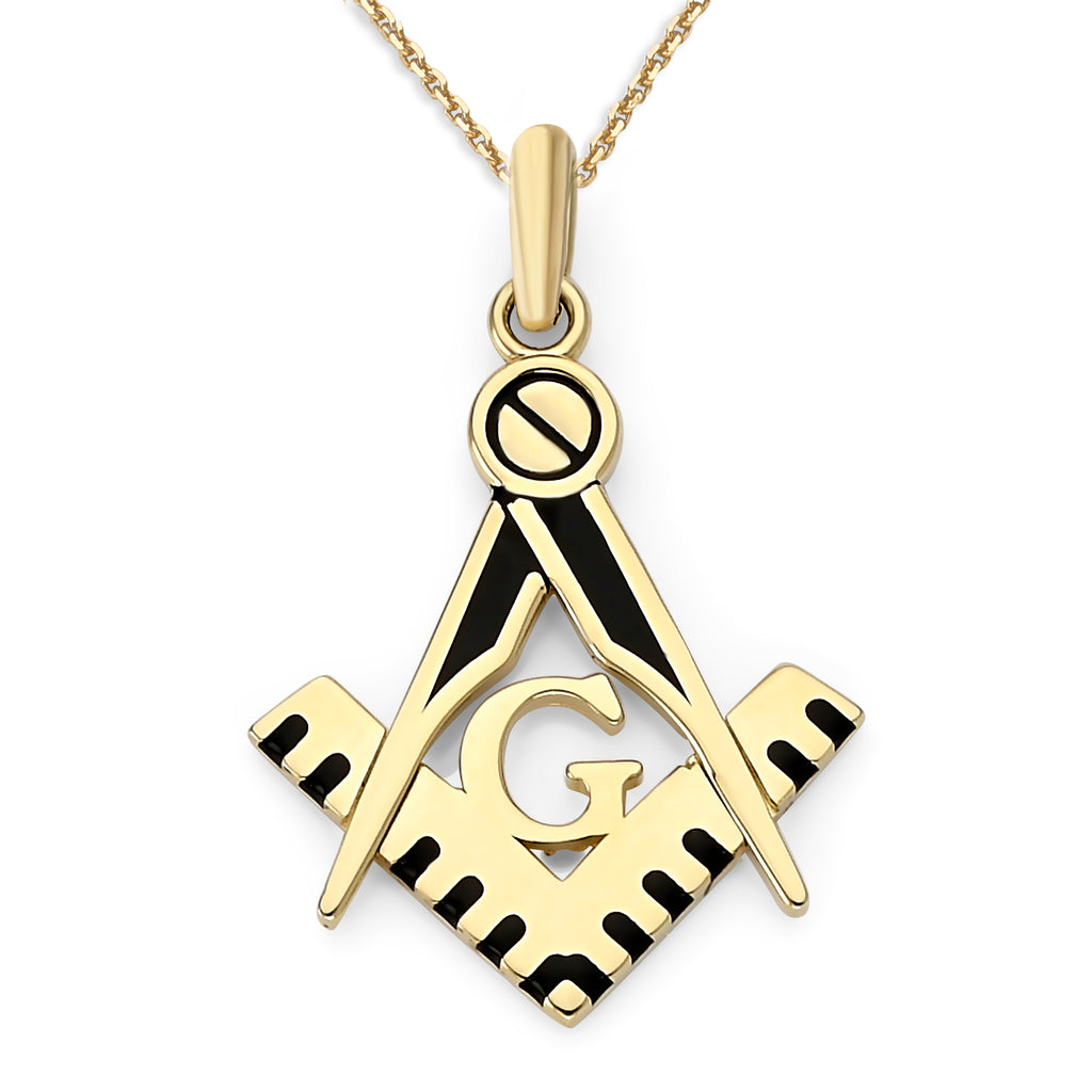 Masonic Square and Compass Pendant Necklace in Solid Gold, Black Ename ...